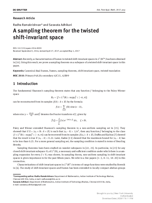 Pdf A Sampling Theorem For The Twisted Shift Invariant Space