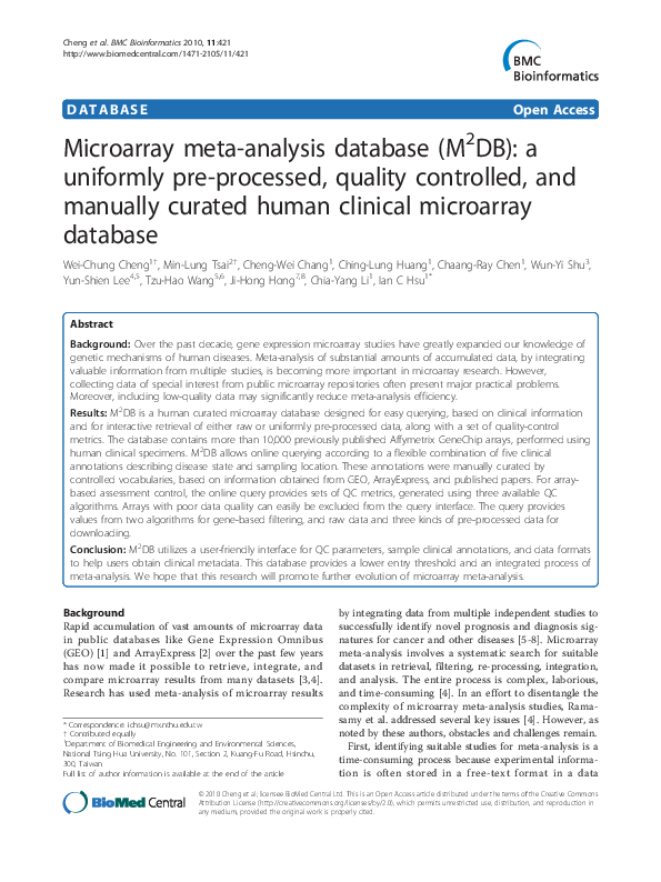 (PDF) Microarray meta-analysis database (M2DB): a uniformly pre-processed, quality controlled ...
