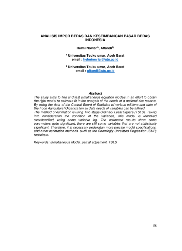 (PDF) Analisis Impor Beras Dan Keseimbangan Pasar Beras Indonesia