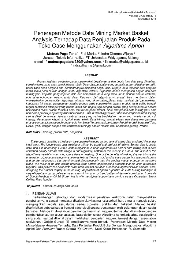 (PDF) Penerapan Metode Data Mining Market Basket Analysis Terhadap Data ... (PDF) Penerapan Metode Data Mining Market Basket Analysis Terhadap Data ...