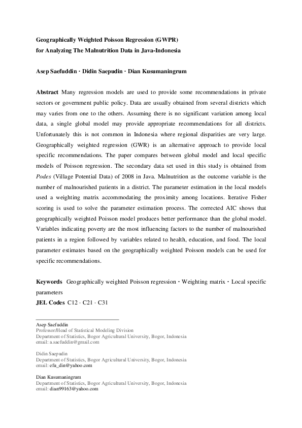 (PDF) Geographically Weighted Poisson Regression (GWPR) for Analyzing The Malnutrition Data in ...