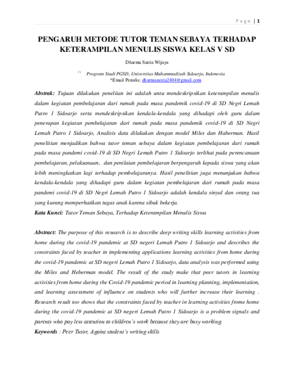(PDF) PENGARUH METODE TUTOR TEMAN SEBAYA TERHADAP KETERAMPILAN MENULIS ...