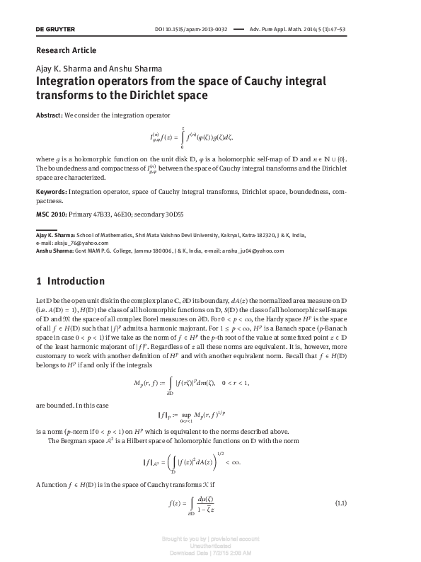 (PDF) Integration operators from the space of Cauchy integral ...