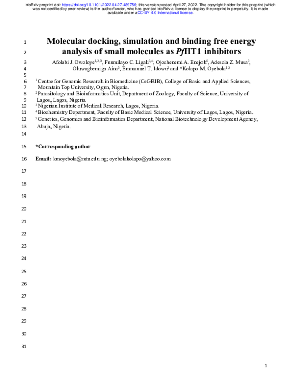 (PDF) Molecular docking, simulation and binding free energy analysis of ...