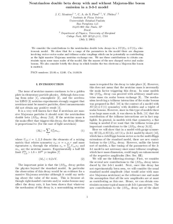 (PDF) Neutrinoless double beta decay with and without Majoron-like boson emission in a 3-3-1 model
