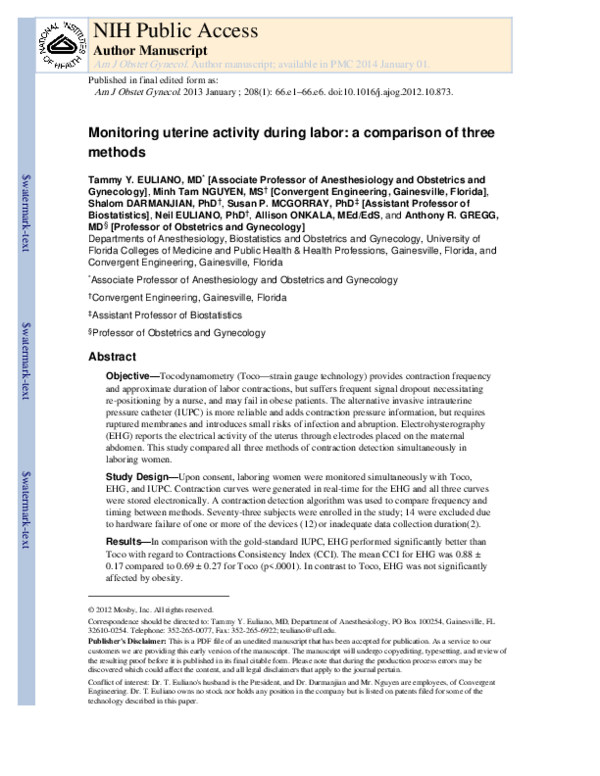 (PDF) Monitoring uterine activity during labor: a comparison of 3 methods
