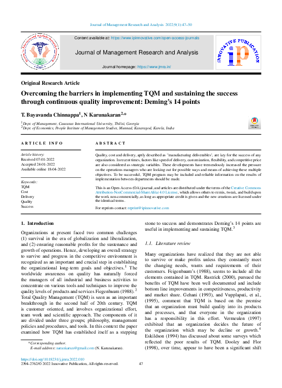 (PDF) Overcoming the barriers in implementing TQM and sustaining the ...
