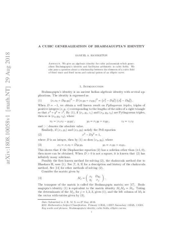 (PDF) A cubic generalization of Brahmagupta's identity