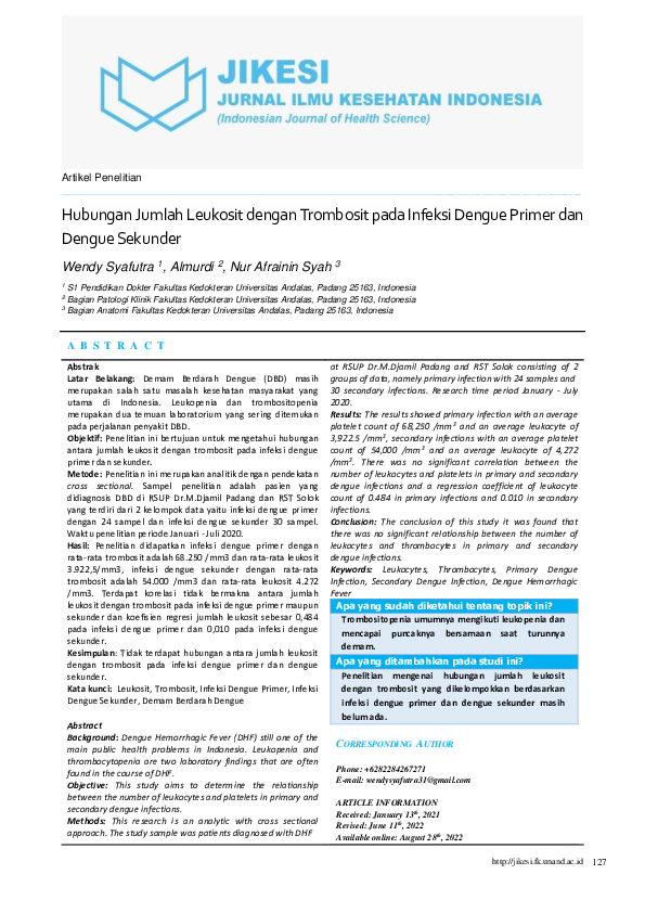 (PDF) Hubungan Jumlah Leukosit dengan Trombosit pada Infeksi Dengue ...