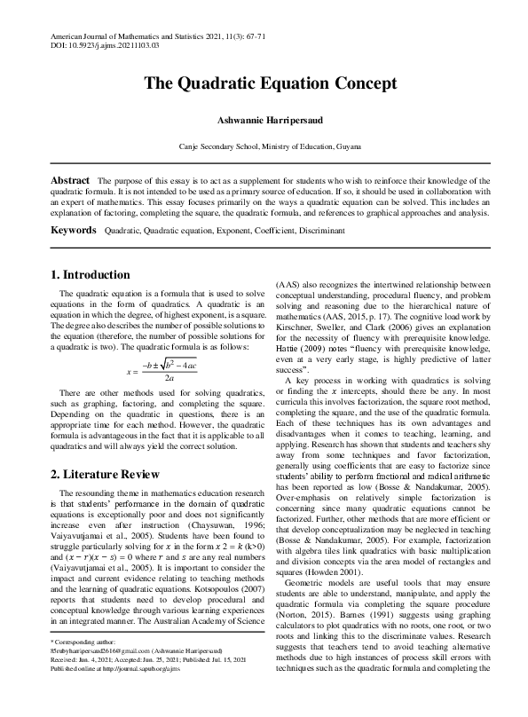 (PDF) The Quadratic Equation Concept