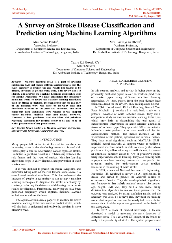 (PDF) A Survey on Stroke Disease Classification and Prediction using Machine Learning Algorithms
