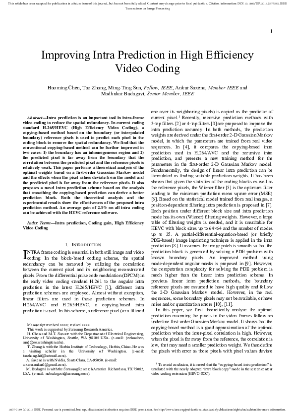 (PDF) Improving Intra Prediction in High Efficiency Video Coding