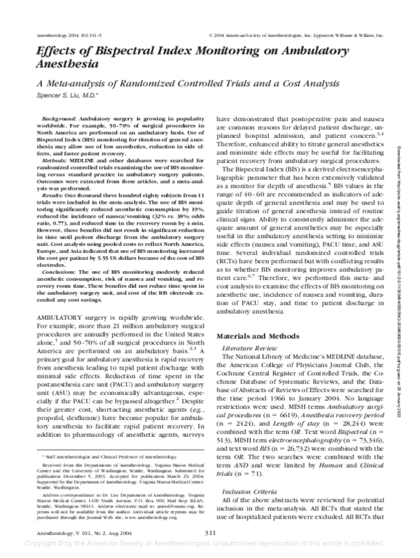 (PDF) Effects of Bispectral Index Monitoring on Ambulatory Anesthesia ...