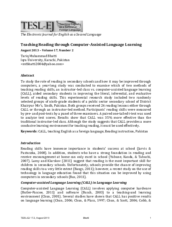 (PDF) Teaching Reading through Computer-Assisted Language Learning