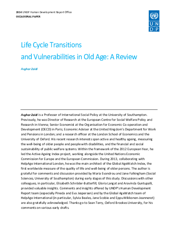 (PDF) Life Cycle Transitions and Vulnerabilities in Old Age : A Review