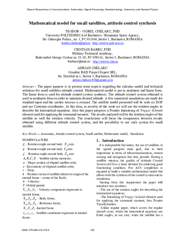 Pdf Mathematical Model For Small Satellites Using Rotation Angles And Optimal Control Synthesis