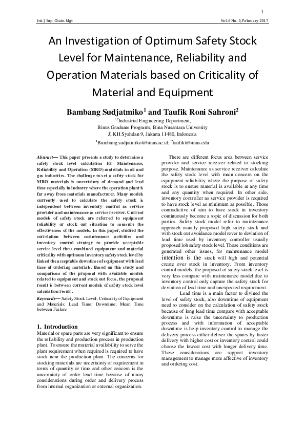 (PDF) An Investigation of Optimum Safety Stock Level for Maintenance ...
