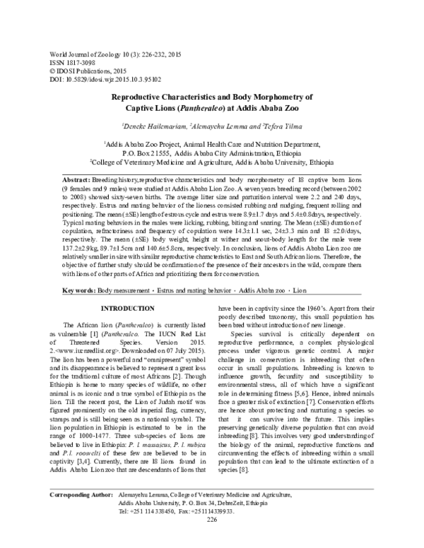 (PDF) Reproductive Traits and Morphometry of Zoo Lions