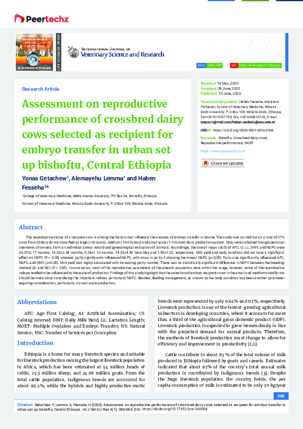 (PDF) Assessment on reproductive performance of crossbred dairy cows selected as recipient for ...