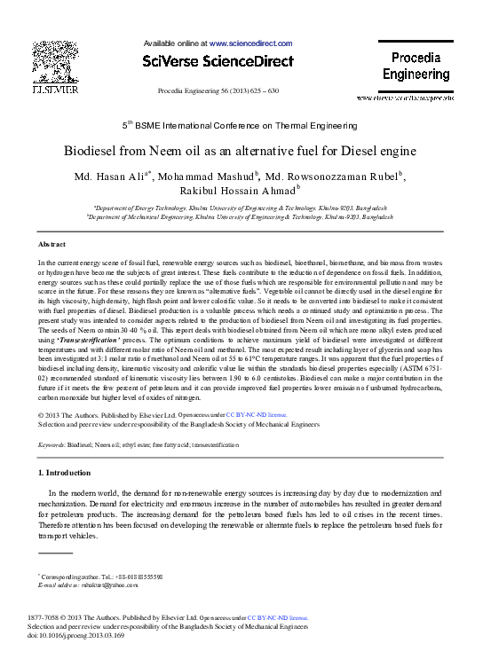 (PDF) Biodiesel from Neem Oil as an Alternative Fuel for Diesel Engine