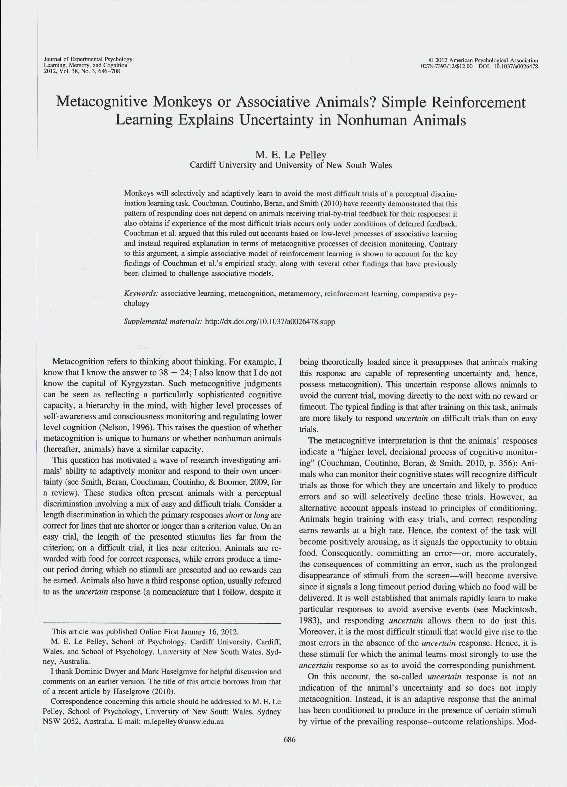 (PDF) Metacognitive monkeys or associative animals? Simple reinforcement learning explains ...