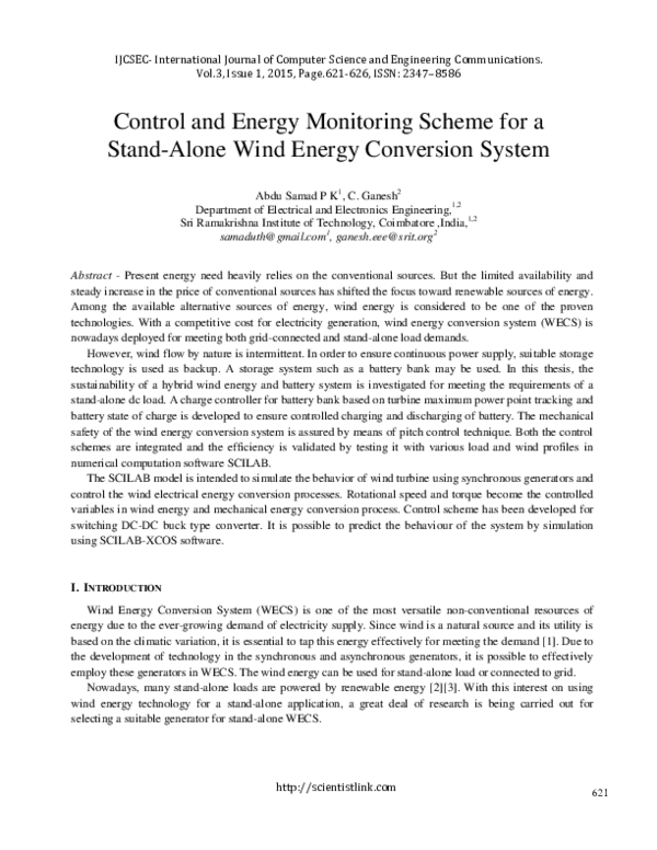 (PDF) Control and Energy Monitoring Scheme for a Stand-Alone Wind ...