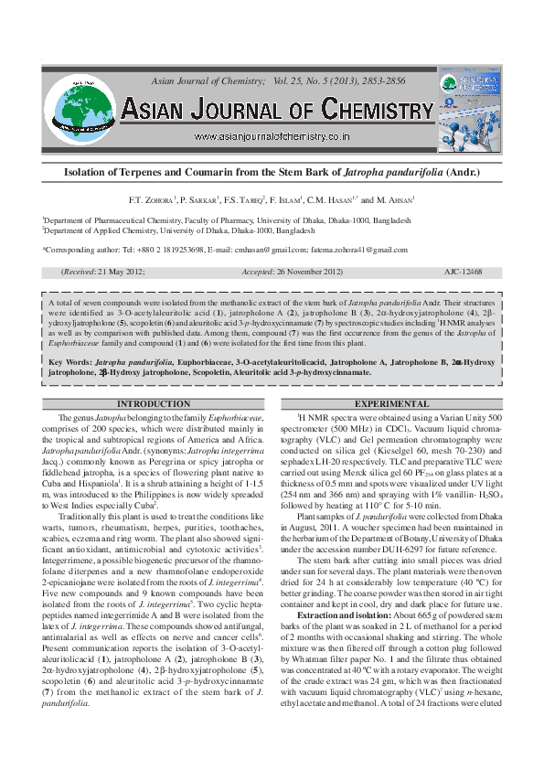 (PDF) Isolation of Terpenes and Coumarin from the Stem Bark of Jatropha pandurifolia (Andr