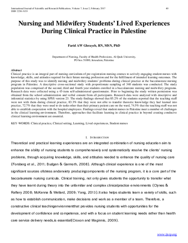 (PDF) Nursing and Midwifery Students Lived Experiences During Clinical Practice in Palestine