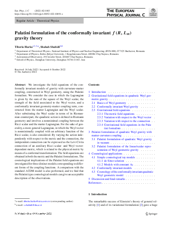 (PDF) Palatini formulation of the conformally invariant $$f\left( R,L_m ...