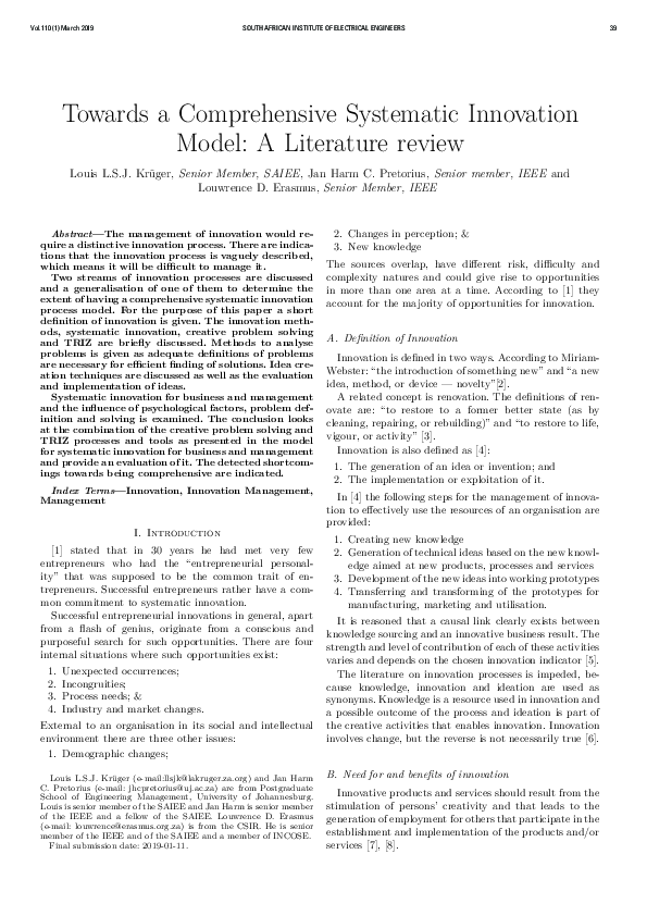 (PDF) Towards a Comprehensive Systematic Innovation Model: A Literature review