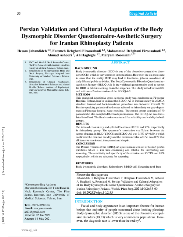 Pdf Persian Validation And Cultural Adaptation Of The Body Dysmorphic Disorder Questionnaire