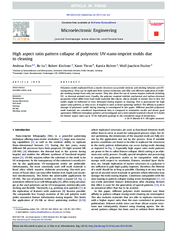 (PDF) High aspect ratio pattern collapse of polymeric UV-nano-imprint ...