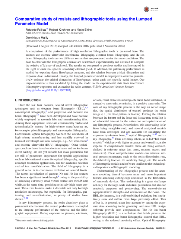 (PDF) Comparative study of resists and lithographic tools using the Lumped Parameter Model
