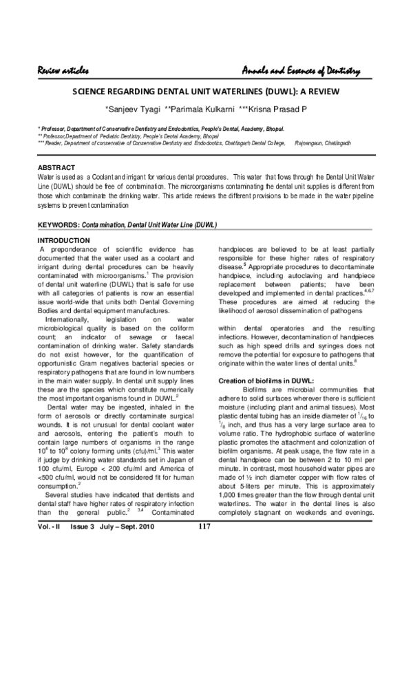 (PDF) Science Regarding Dental Unit Water Lines (DUWL): A Review