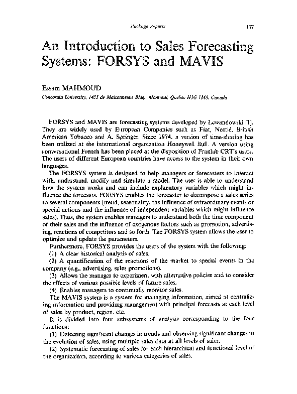 (PDF) An introduction to sales forecasting systems: FORSYS and MAVIS