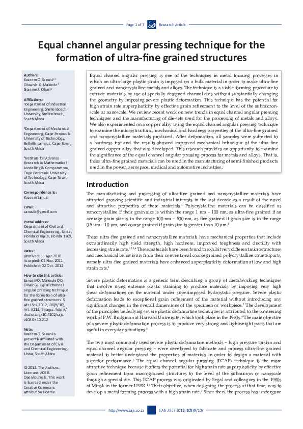 (PDF) Equal channel angular pressing technique for the formation of ultra-fine grained structures