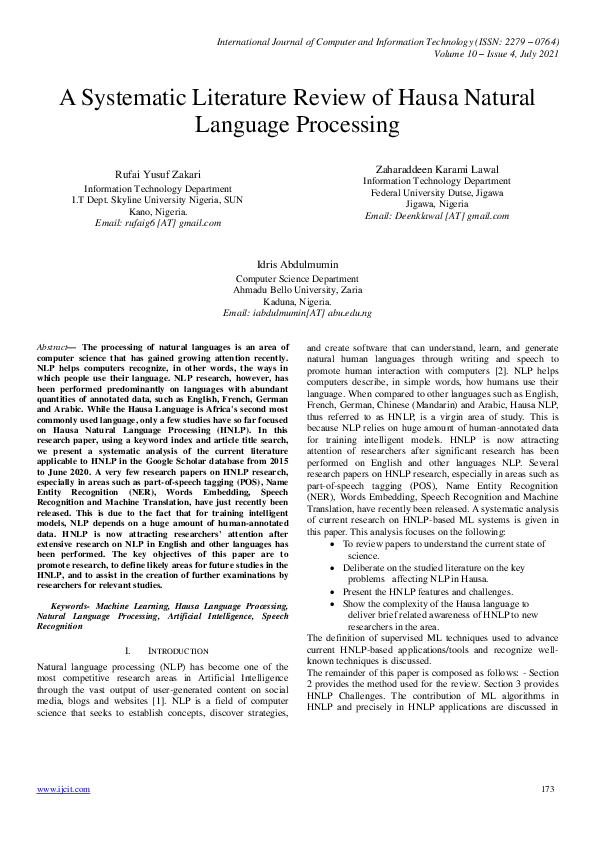 (PDF) A Systematic Literature Review of Hausa Natural Language Processing