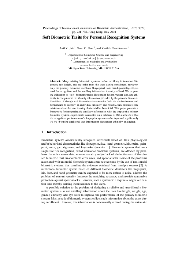 (PDF) Soft Biometric Traits for Personal Recognition Systems