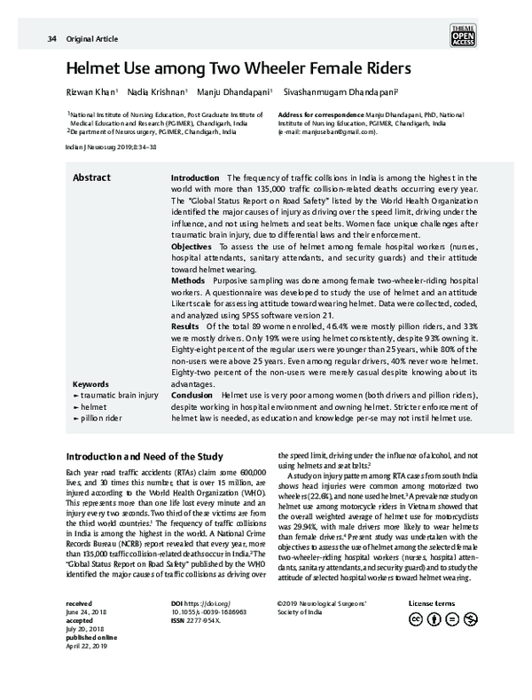 Pdf Helmet Use Among Two Wheeler Female Riders