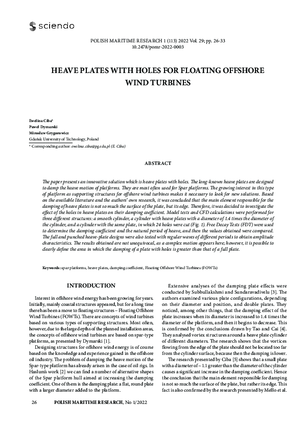 (PDF) Heave Plates with Holes for Floating Offshore Wind Turbines ...