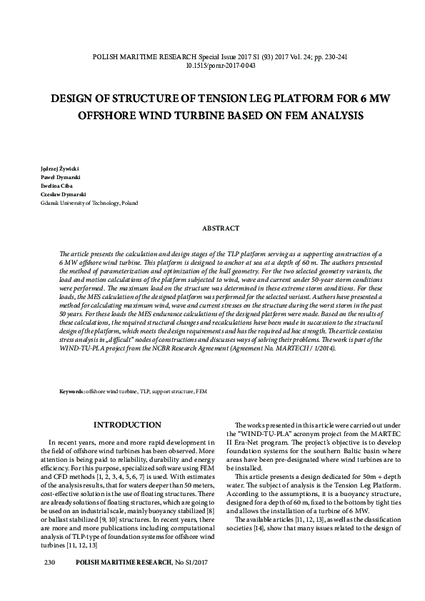 (PDF) Design of Structure of Tension Leg Platform for 6 MW Offshore ...