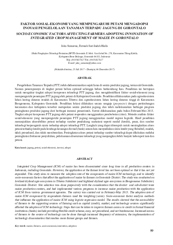 (PDF) Faktor Sosial Ekonomi Yang Mempengaruhi Adopsi Pengelolaan Tanaman Terpadu (PTT) Jagung DI ...