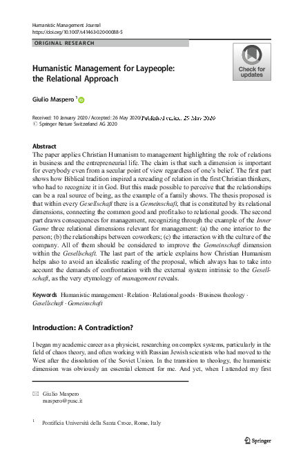 (PDF) Humanistic Management for Laypeople: the Relational Approach