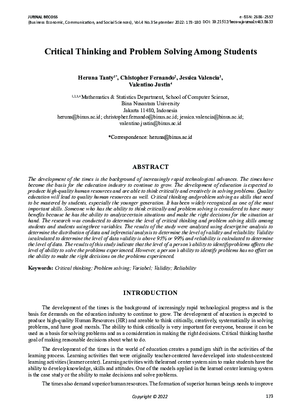 (PDF) Critical Thinking and Problem Solving Among Students