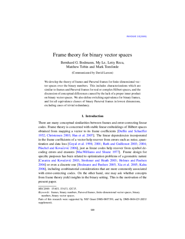 (PDF) Frame theory for binary vector spaces