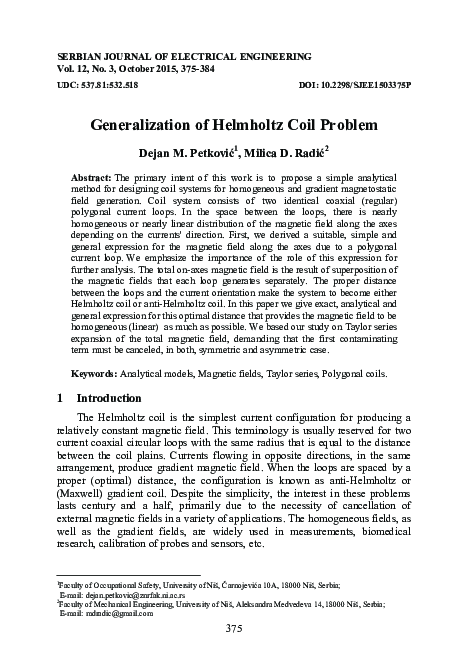 (PDF) Generalization of Helmholtz coil problem | Dejan M Petkovic - Academia.edu