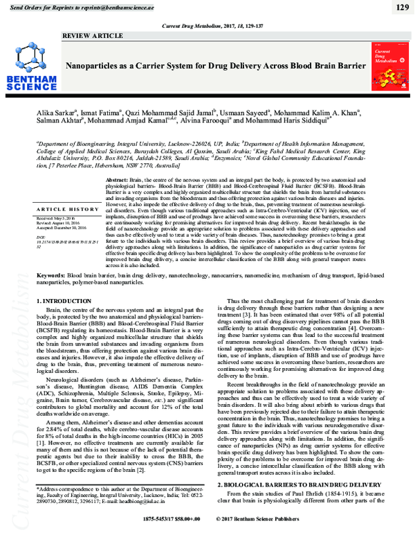 (PDF) Nanoparticles as a Carrier System for Drug Delivery Across Blood Brain Barrier