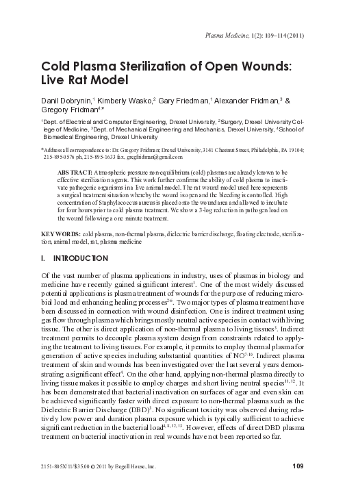 (PDF) Cold Plasma Sterilization of Open Wounds: Live Rat Model