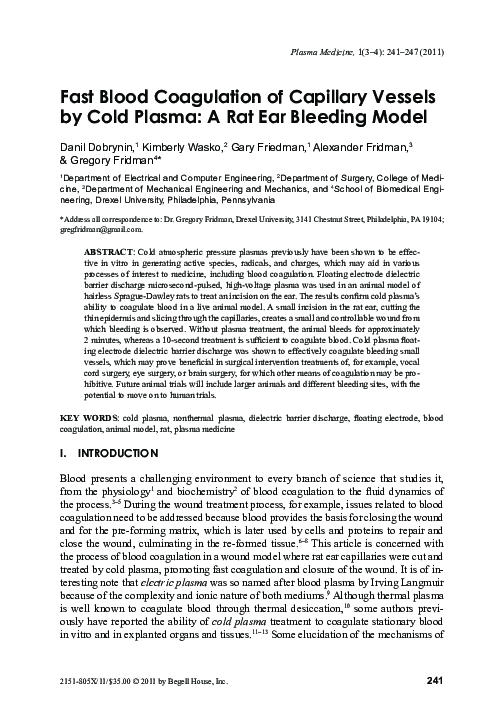 (PDF) Fast Blood Coagulation of Capillary Vessels by Cold Plasma: A Rat ...