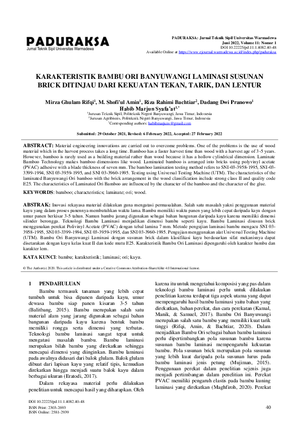 (PDF) Karakteristik Bambu Ori Banyuwangi Laminasi Susunan Brick ...
